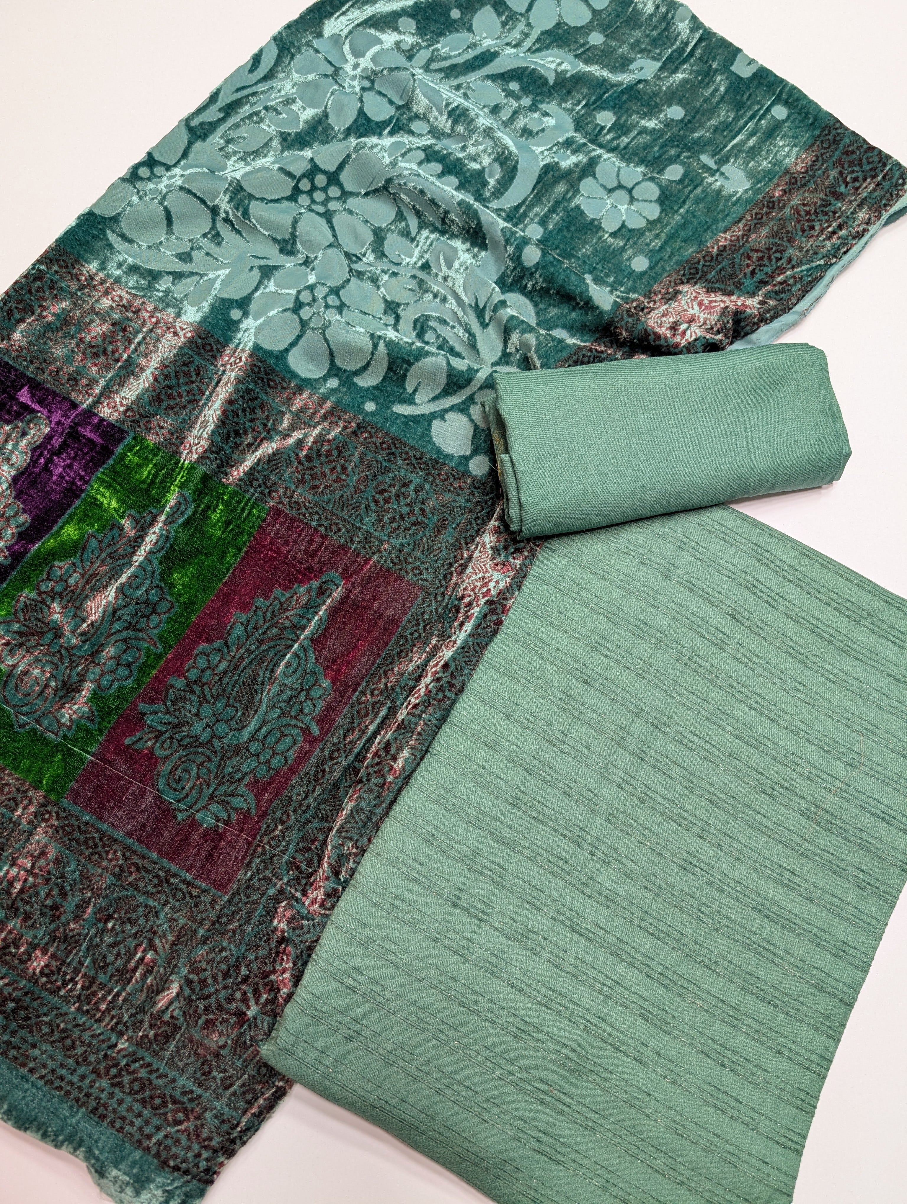 3 Piece Suit | Moonlight Marina with Velvet Palachi Shawl | Pista Gree ...